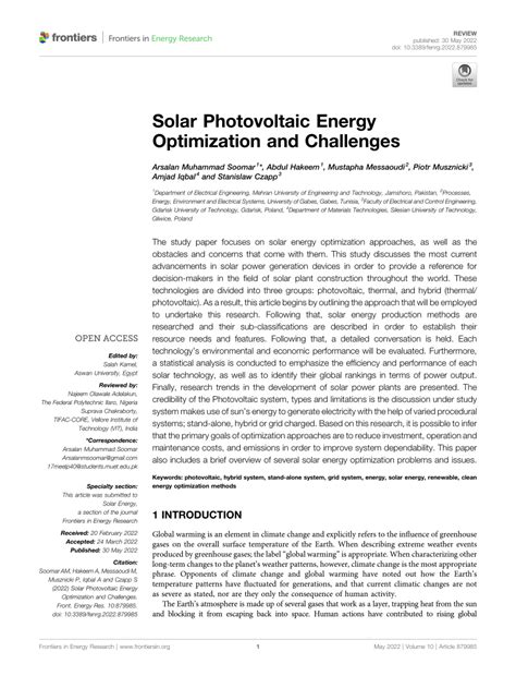Pdf Solar Photovoltaic Energy Optimization And Challenges