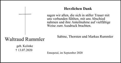Traueranzeigen Von Waltraud Rummler Trauer In Nrw De