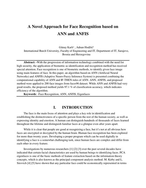 Pdf A Novel Approach For Face Recognition Based On Ann And Anfis