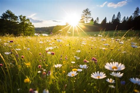 Premium Ai Image Sunlit Meadow Covered With Wildflowers
