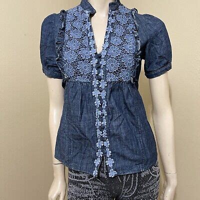Womens Blue Denim Cotton Casual Tied Lace Button Up Sample Size S