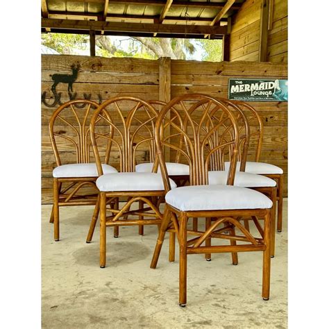 Vintage Coastal Restored Upholstered Rattan Dining Chairs Set Of Six