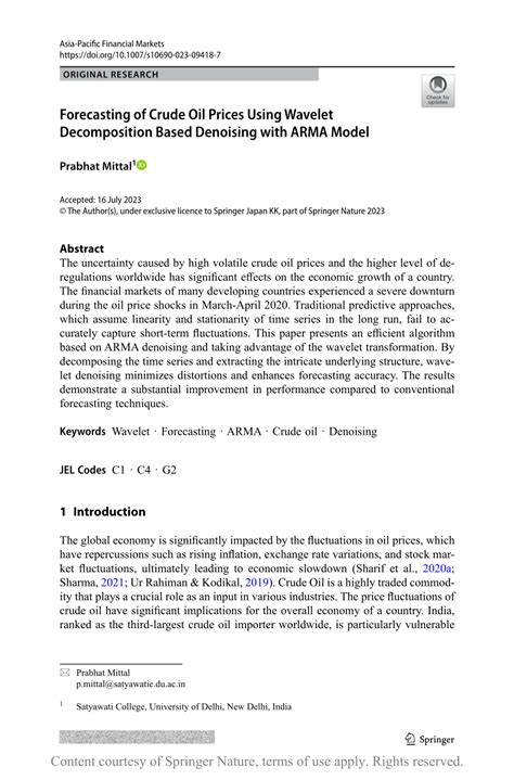 Forecasting Of Crude Oil Prices Using Wavelet Decomposition Based Denoising With Arma Model