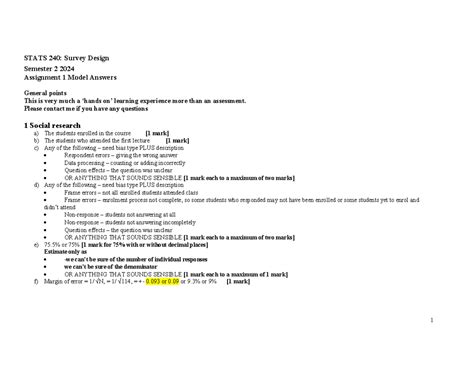 Stats 240 2024 Assignment 1 Marking Guide V1 Stats 240 Survey Designsemester 2 2024assignment