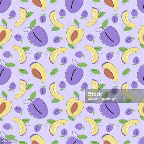 Seamless Pattern With Plum In Flat Cartoon Design Plum Pattern For