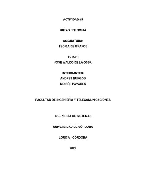 Actividad No 5 Rutas Colombia Teoría De Grafos Pdf