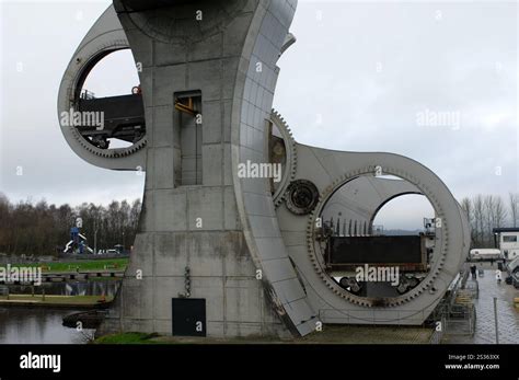The Falkirk Wheel Turning To Move Canal Boat To Top Of Canal Falkirk