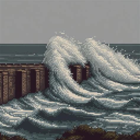 Pixel Art Depicting A Massive Wave Overtaking A Pier In The Sea