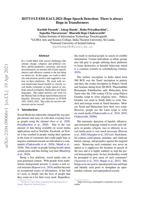 Pdf Iiitt Lt Edi Eacl2021 Hope Speech Detection There Is Always Hope In Transformers