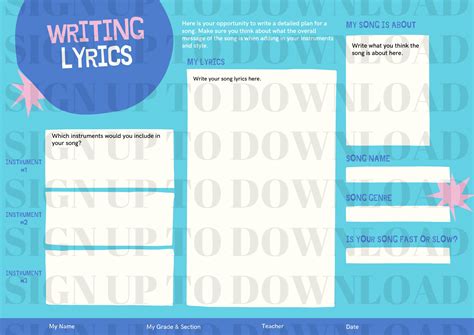 Writing Lyrics Worksheet Activity Schools Music Market Worksheets