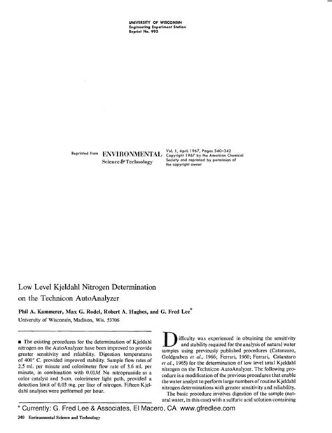 Pdf Low Level Kjeldahl Nitrogen Determination On The Technicon Autoanalyzer