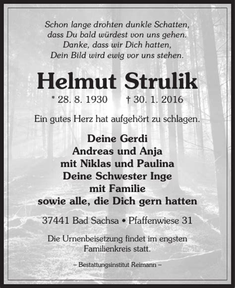 Traueranzeigen Von Helmut Strulik Harztrauer De