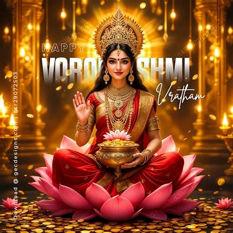 Happy Varalakshmi Vratham Wishes Image With Goddess Lakshmi Sitting On