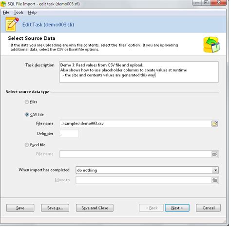 sql file import online help select source data