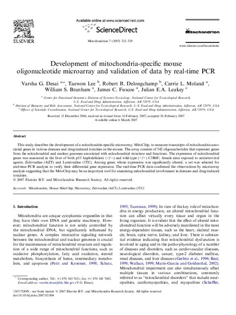 Pdf Development Of Mitochondria Specific Mouse Oligonucleotide Microarray And Validation Of