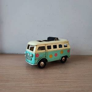 Blue Hippie Van Tiny Cream And Turquoise Vintage Hippie Van With