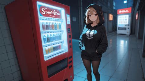 Anime Black Hoodie Girl Standing By Vending Machines Wallpaperhd