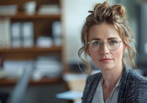Portrait Of A Young Businesswoman Wearing Glasses And A Bun Hairstyle