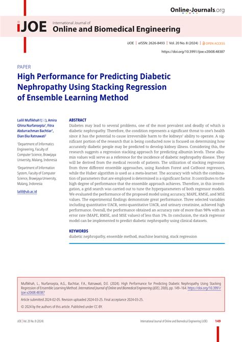 pdf high performance for predicting diabetic nephropathy using stacking regression of ensemble