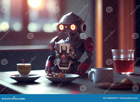 Gourmet Humanoid Robot As Customer Eating Food In The Restaurant