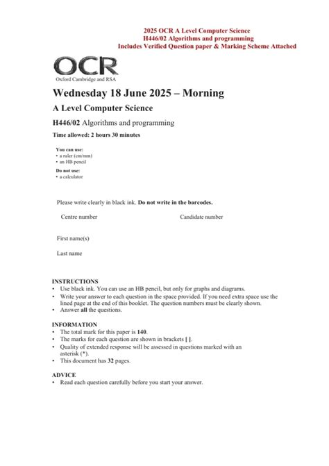 2025 Ocr A Level Computer Science H44602 Algorithms And Programming