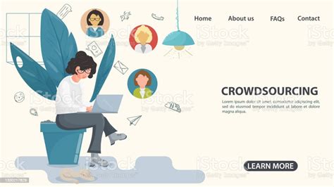 노트북을 가진 소녀는 큰 꽃에 앉아 인터넷에 디자인 디자인에 대한 평면 스타일로 일러스트를 크라우드 소싱의 개념을 통신 개념에 대한 스톡 벡터 아트 및 기타 이미지 Istock