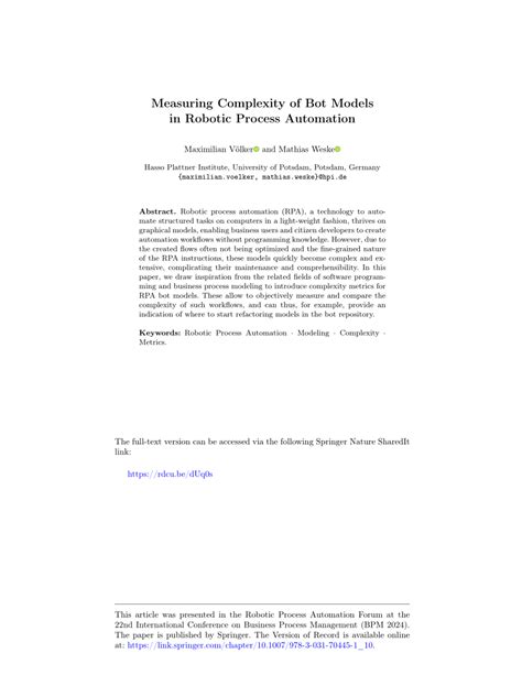 Pdf Measuring Complexity Of Bot Models In Robotic Process Automation