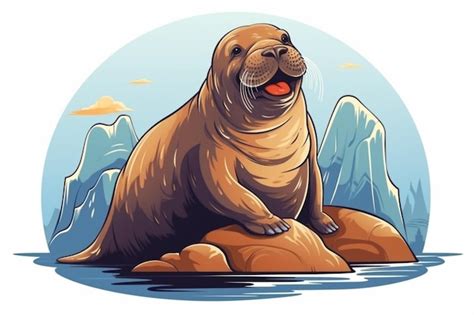 Premium Photo Cute Walrus Character Sit On Rock Sea Animal Colorful