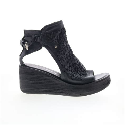 As 98 Newbury Womens Black Leather Hook And Loop Wedges Sandals Shoes