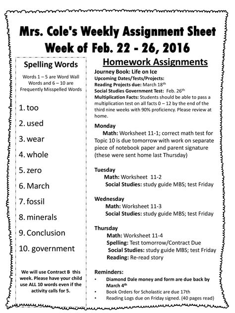 Mrs Coles Weekly Assignment Sheet Ppt Download Worksheets Library