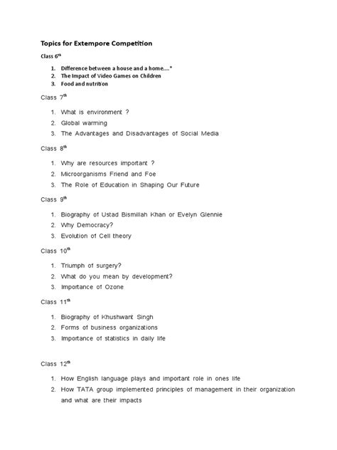 Topics For Extempore Pdf