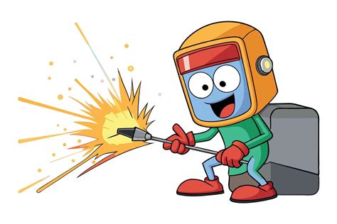 Cartoon Character Welding Sparks Flying From Metal Wearing Protective