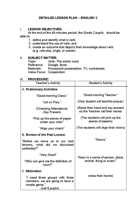 Detailed Lesson Plan Okay Detailed Lesson Plan English 2 I Lesson Objectives At The End