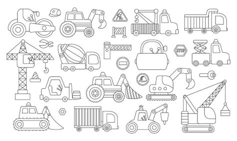 흑인과 백인 벡터 특수 전송 세트입니다 건설 현장 도로 작업 불도저 트랙터 트럭 크레인 콘크리트 믹서가 있는 건물 운송 라인 아이콘입니다 귀여운 수리 서비스 차량 색칠하기