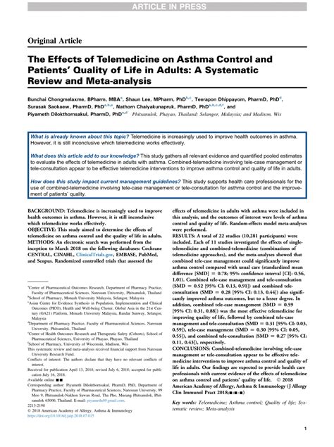 Pdf The Effects Of Telemedicine On Asthma Control And Patients Quality Of Life In Adults A