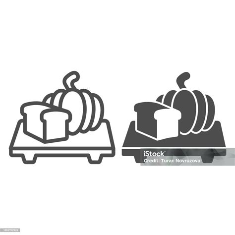 보드 라인에 빵과 호박과 단단한 아이콘 추수 감사절 개념 흰색 배경에 추수 감사절 수확 기호 호박과 빵 아이콘 모바일 및 웹개요