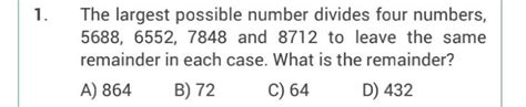 the largest possible number divides four numbers 5688 6552 7848 and 8712