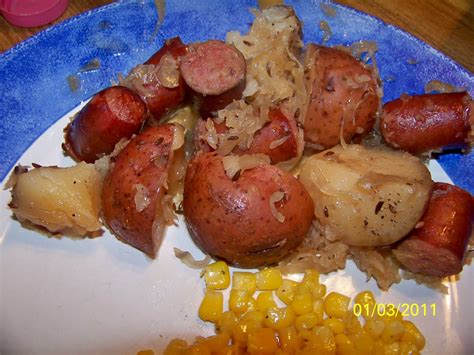 Connors Cooking Turkey Brats With Potatoes And Sauerkraut