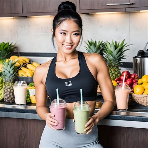 Asian Fitness Model Posing With Smoothies Premium Ai Generated Image