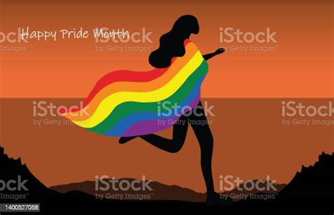 해변 벡터 일러스트레이션에서 무지개 깃발을 달리는 Lgbtq 트랜스젠더 여성 Lgbtq 프라이드 월 개념 Lgbt 프라이드의
