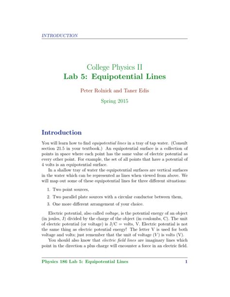 Equipotential Lines Lab College Physics Ii Experiment