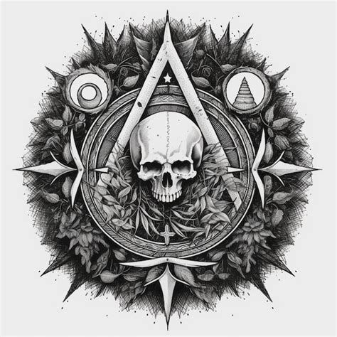 Premium Photo A Black And White Drawing Of A Skull And A Compass Generative Ai