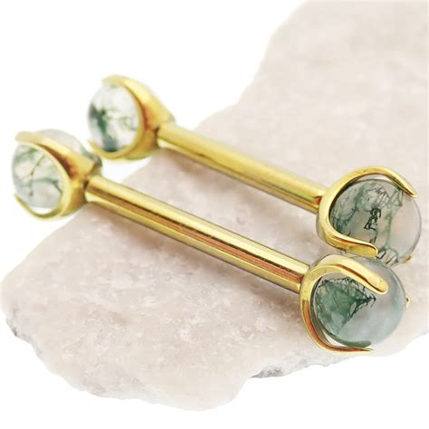 Gold Implant Titanium Moss Agate Nipple Barbell Claw Set 12g14g Etsy