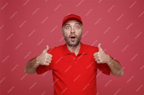 Premium Photo Delivery Man Employee In Red Cap Blank Tshirt Uniform