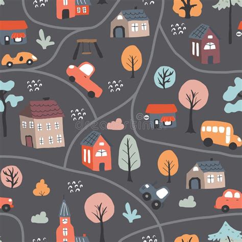 Cute City Map Seamless Pattern Cartoon Town Landscape Background Vector Illustration Stock