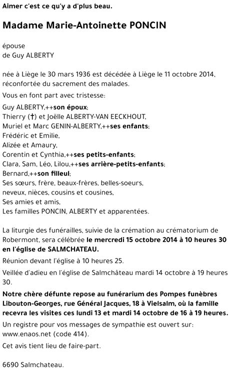 Avis De Décès De Marie Antoinette Poncin Décédé Le 11 10 2014 à Liège Annonce Condoléances