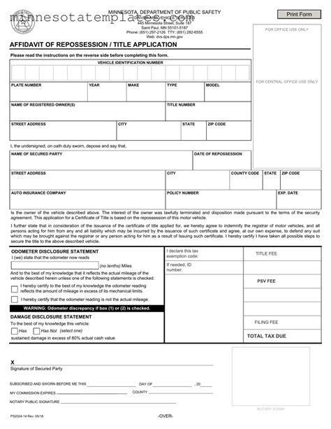 Affidavit Of Repossession Minnesota Form ⇒ Blank Pdf Template