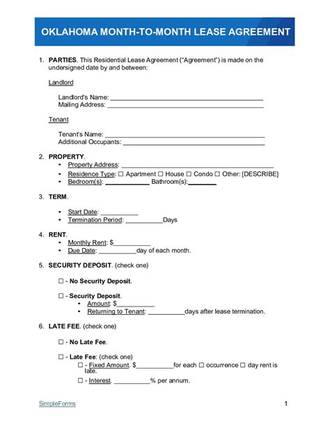 Oklahoma Month To Month Rental Lease Agreement Template