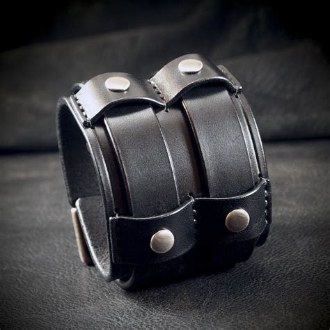Black Leather Wrist Cuff Etsy Uk