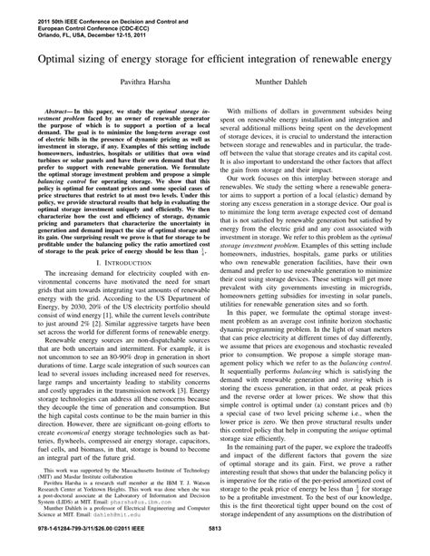 Pdf Optimal Sizing Of Energy Storage For Efficient Integration Of